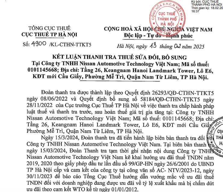 Cục Thuế Hà Nội phạt và truy thu Công ty TNHH Nissan Automotive Technology Việt Nam gần 80 tỷ đồng