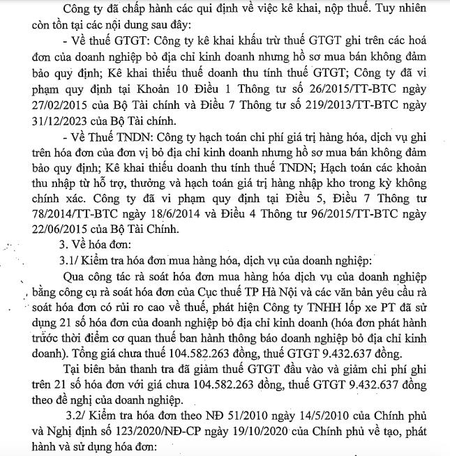 Vướng nhiều vi phạm, công ty Lốp xe PT bị phạt và truy thu thuế hơn 4,9 ...